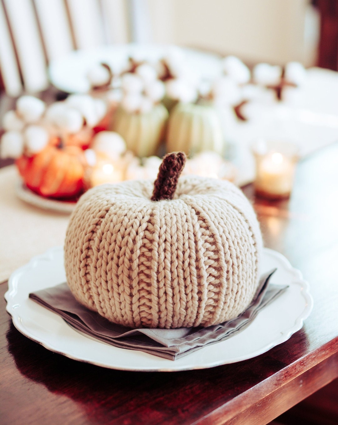 Knit Pumpkin, Cream Pumpkin, Autumn Centerpiece, Thanksgiving Table ...