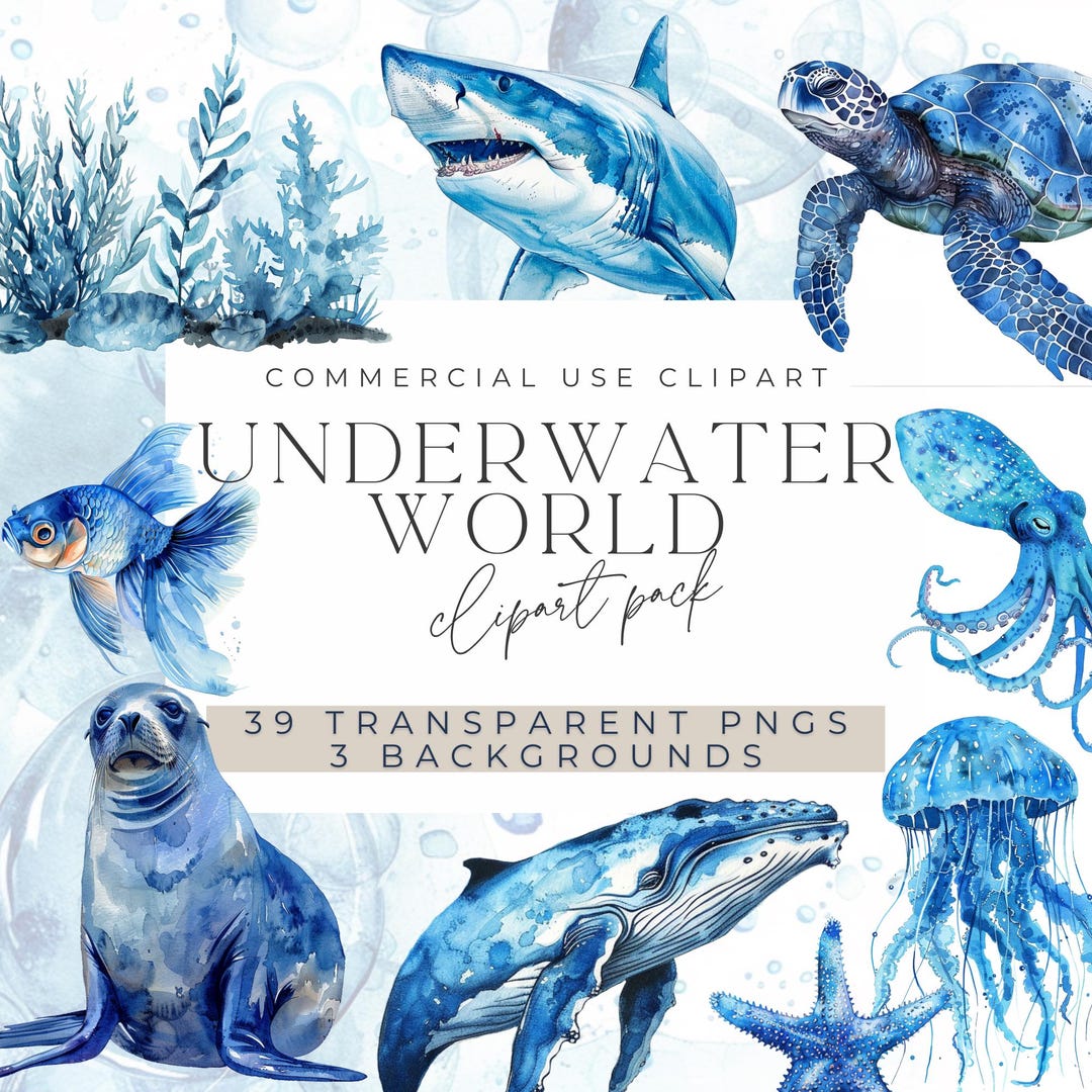 42 PNG Watercolor Underwater Clipart Pack - Turtles, Whales, Shark ...
