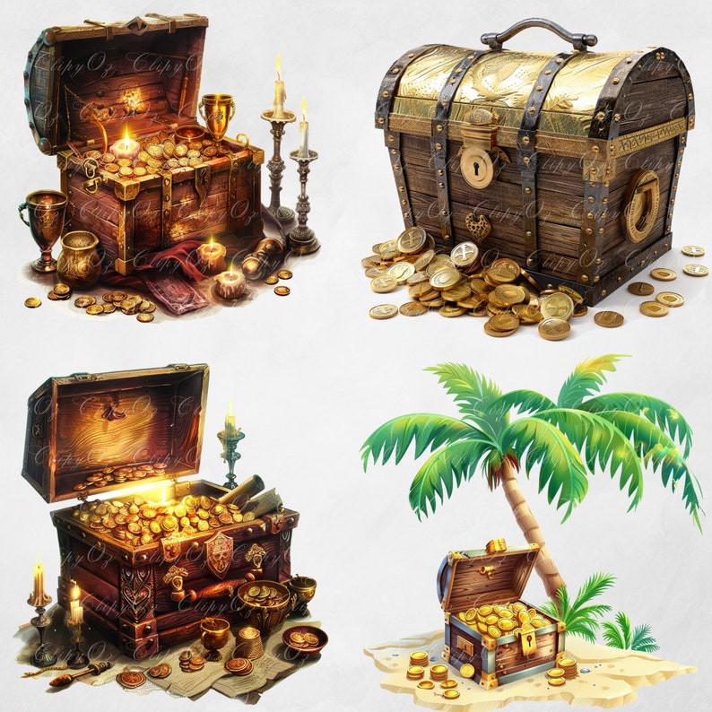 Pirate Treasure Chest Clipart: Watercolor PNG Graphics (digital ...