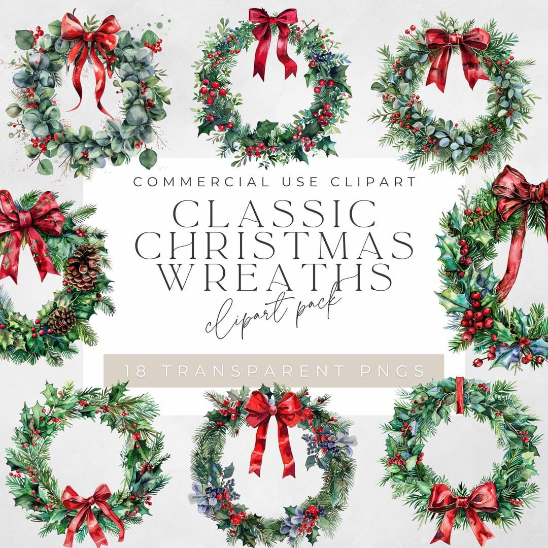 Christmas Classic Wreath Clipart, Winter Wreath, Mistletoe Snow Berry ...
