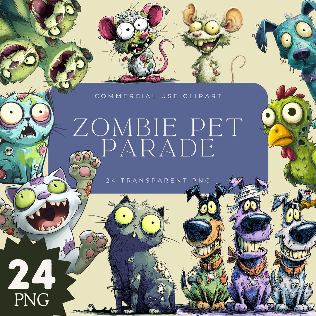 Zombie Pet Clipart Bundle: Funny Halloween Animal PNG Graphics - Etsy
