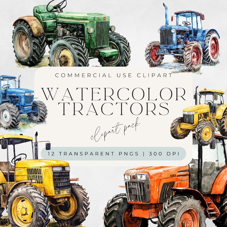 Watercolor Tractor, 12 PNG, Farm Tractor, Tractor Sublimation, Tractor ...