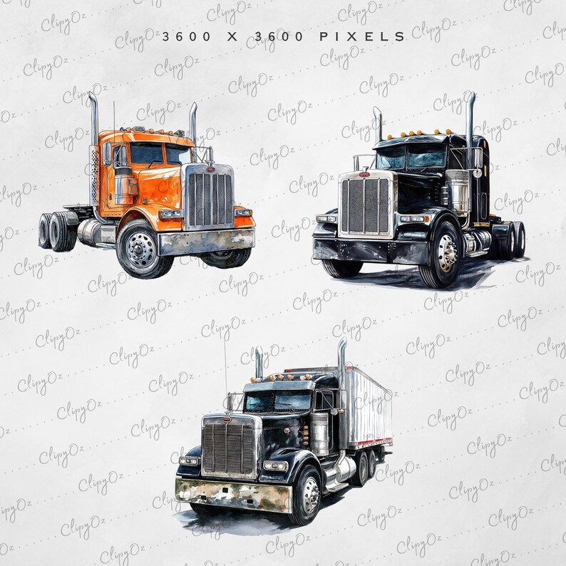 Watercolor Semi Truck Clipart Bundle: Big Rig Trucks, Commercial Use ...
