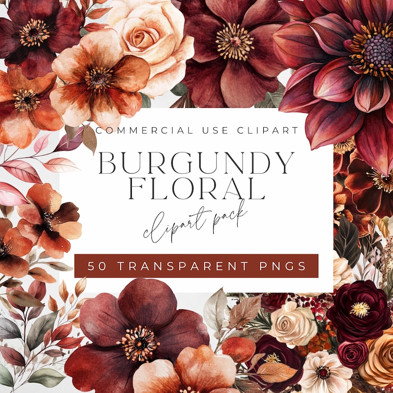 50 PNG, Burgundy and Rust Watercolor Flowers Clipart, Fall Floral, Art ...