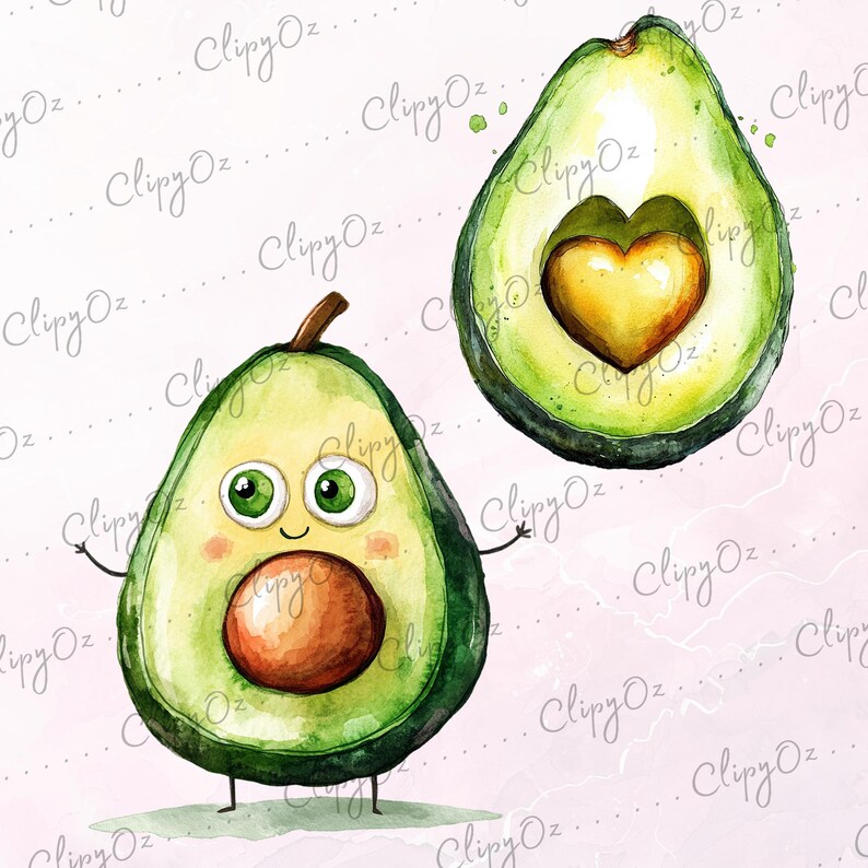 10 Watercolor Avocado Clipart, Cute Avocado Graphic, Cute Fruit Clipart ...