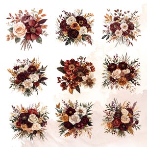 50 PNG, Burgundy and Rust Watercolor Flowers Clipart, Fall Floral, Art ...