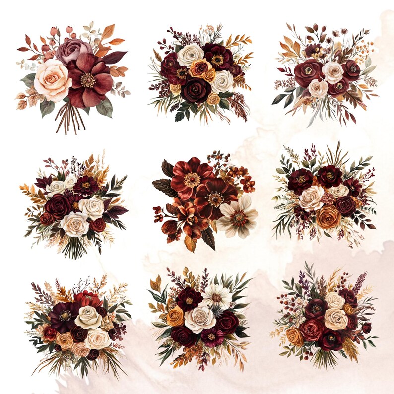 50 PNG, Burgundy and Rust Watercolor Flowers Clipart, Fall Floral, Art ...