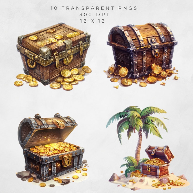 10 Treasure Chest Clipart | Pirate Chest | Printable Watercolor Clipart ...