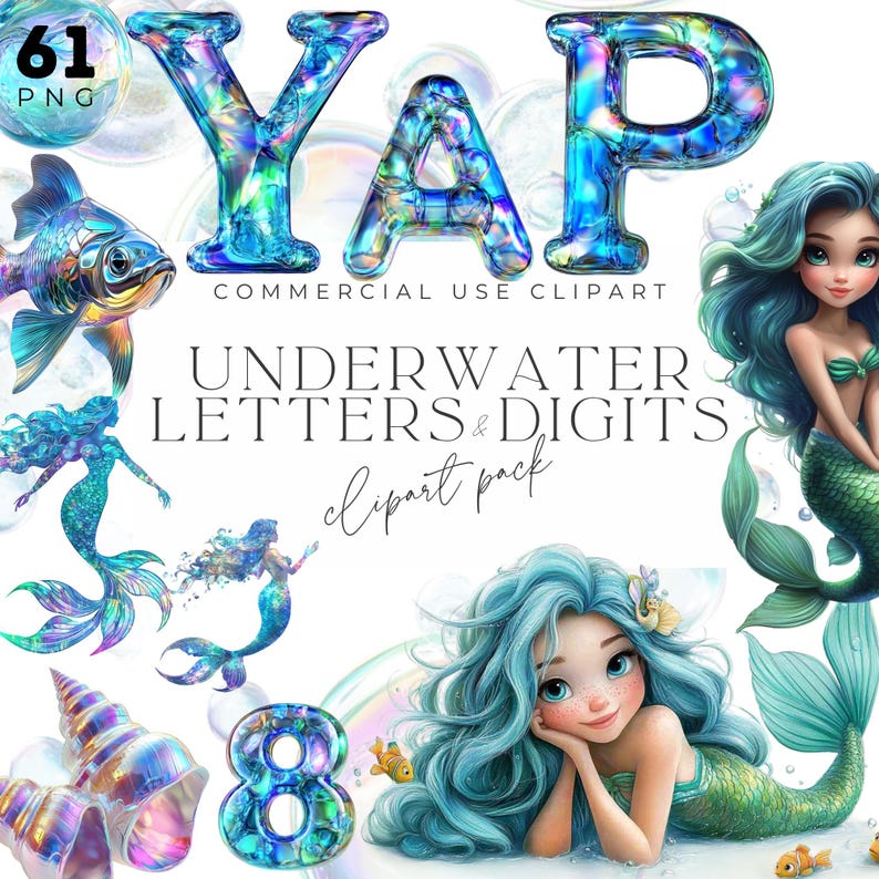 Mystical Underwater Mermaid Alphabet Clipart | Digits Clipart Pack ...