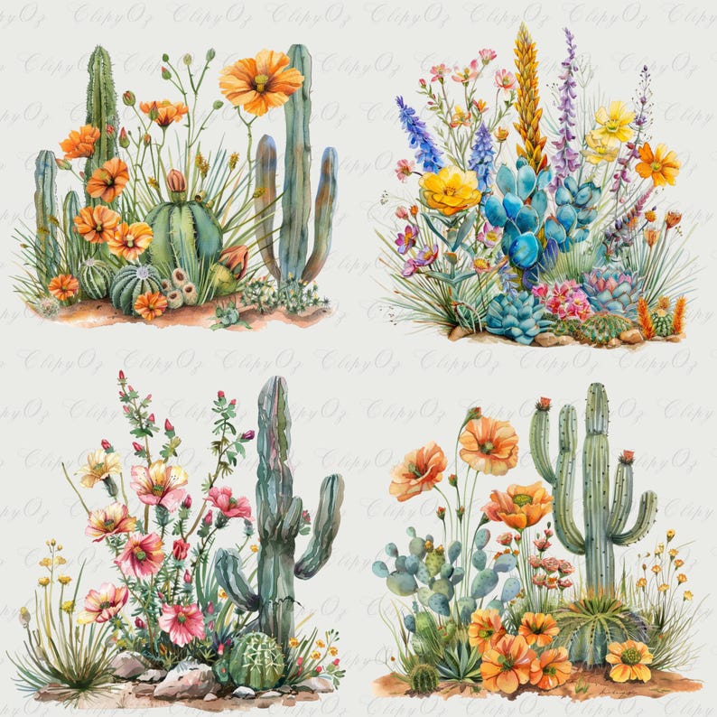 Watercolor Desert Florals Cactus Clipart, Cacti Graphics, Digital ...