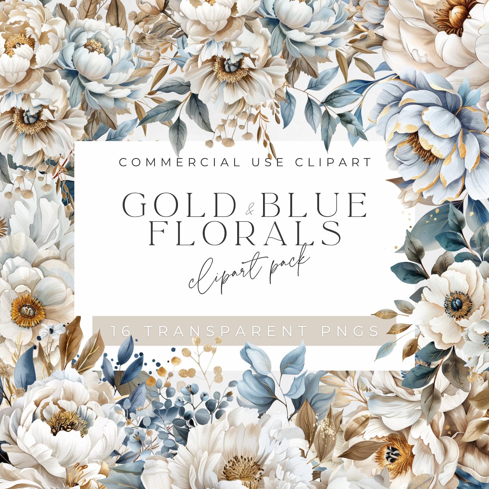 Gold and Blue Floral Clipart, Navy Flower Clipart, Gold Leaves PNG ...