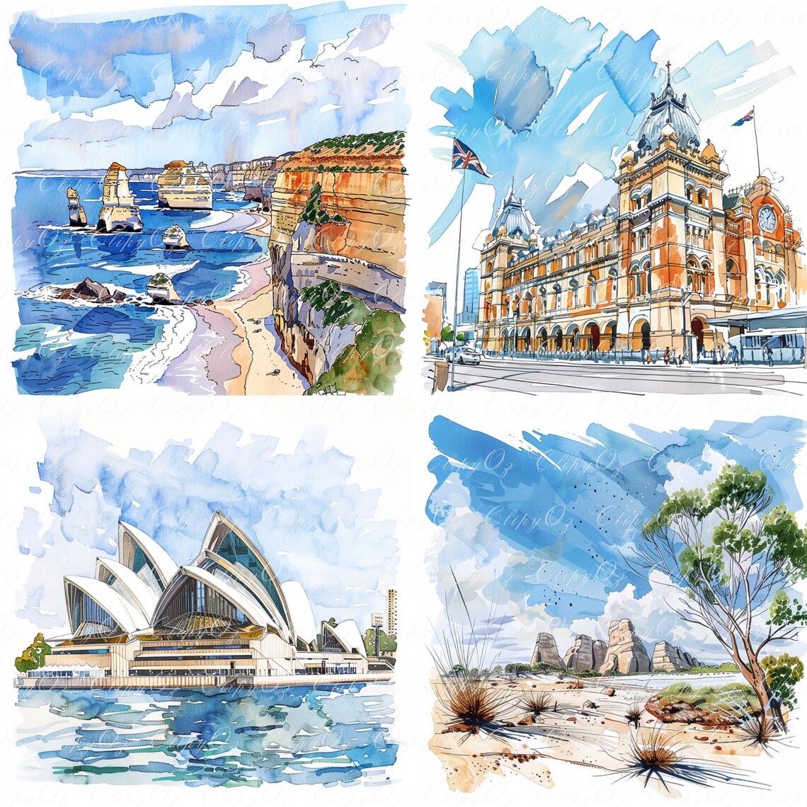 Watercolor Australian Landmarks Clipart, PNG Digital Download - Etsy
