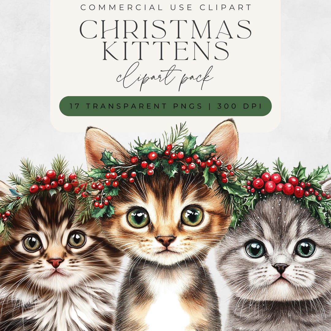 Christmas Kittens Clipart: Holiday Cat Wreaths (PNG Digital Download ...