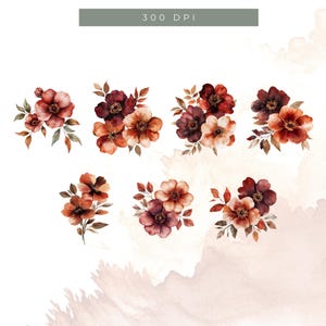 50 PNG, Burgundy and Rust Watercolor Flowers Clipart, Fall Floral, Art ...
