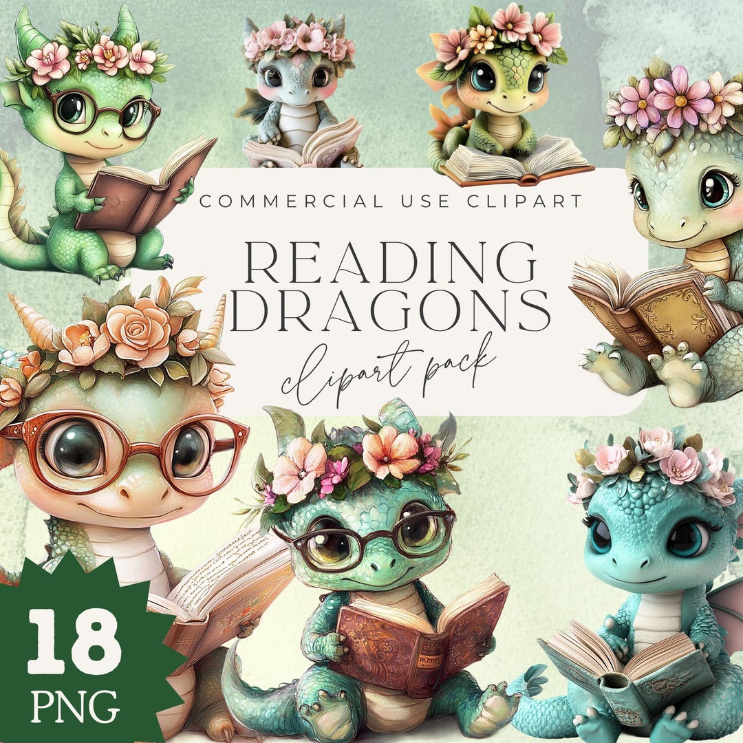 Reading Dragon, Cute Dragon With Glasses, Book Dragon, Book Lover ...