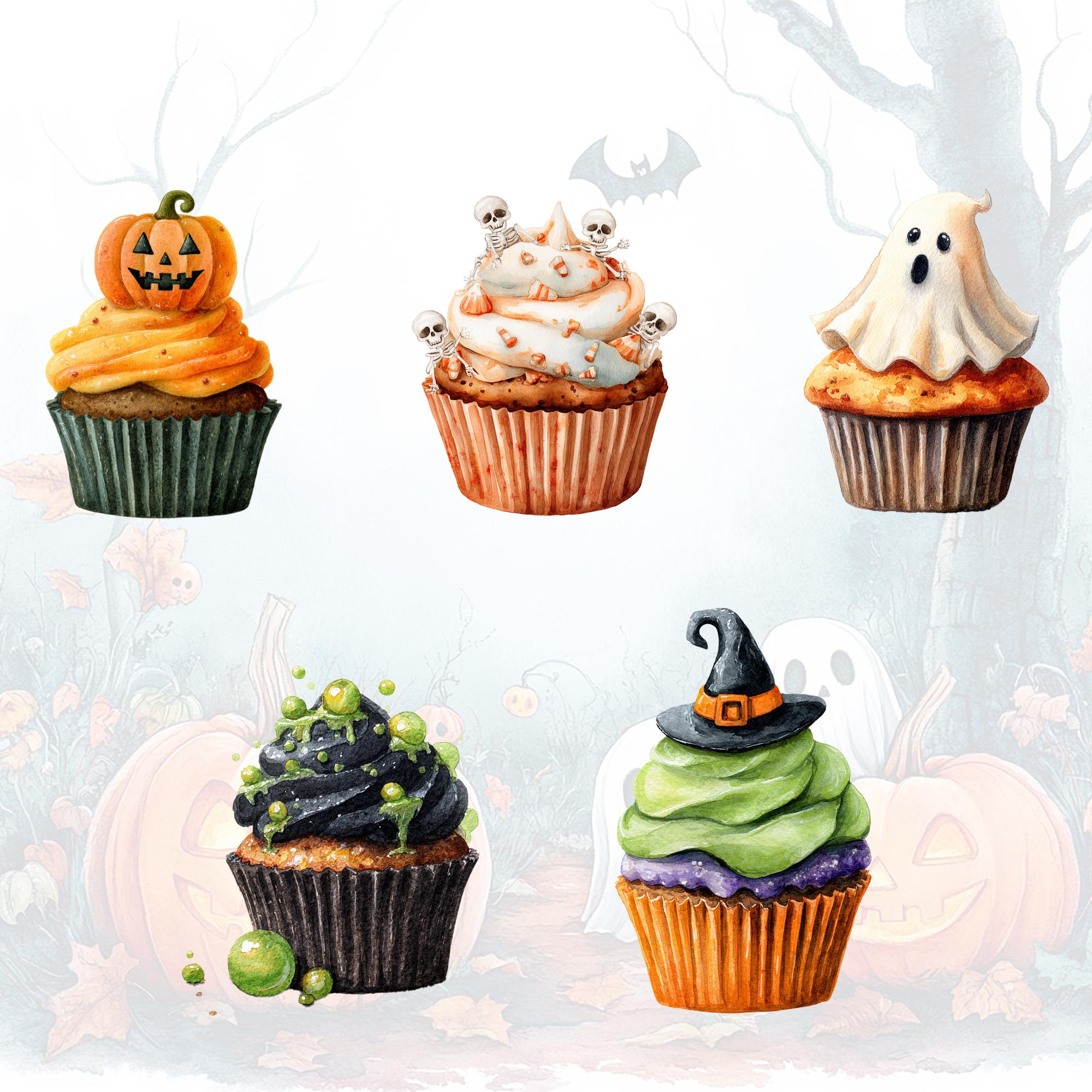 Halloween Cupcake Clipart: Spooky Watercolor PNG Bundle (31 Files ...