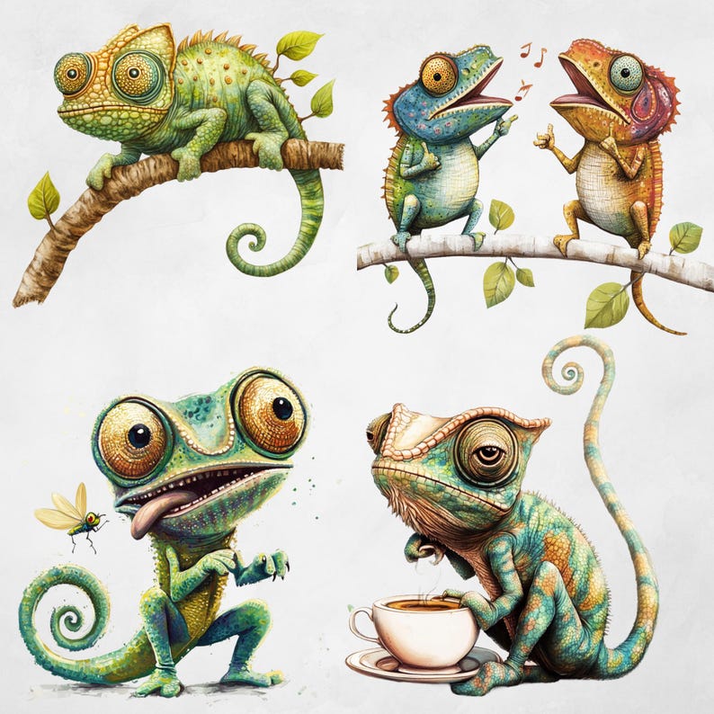 Watercolor Cute Chameleon Clipart PNG, Jungle PNG, Dancing Chameleon ...