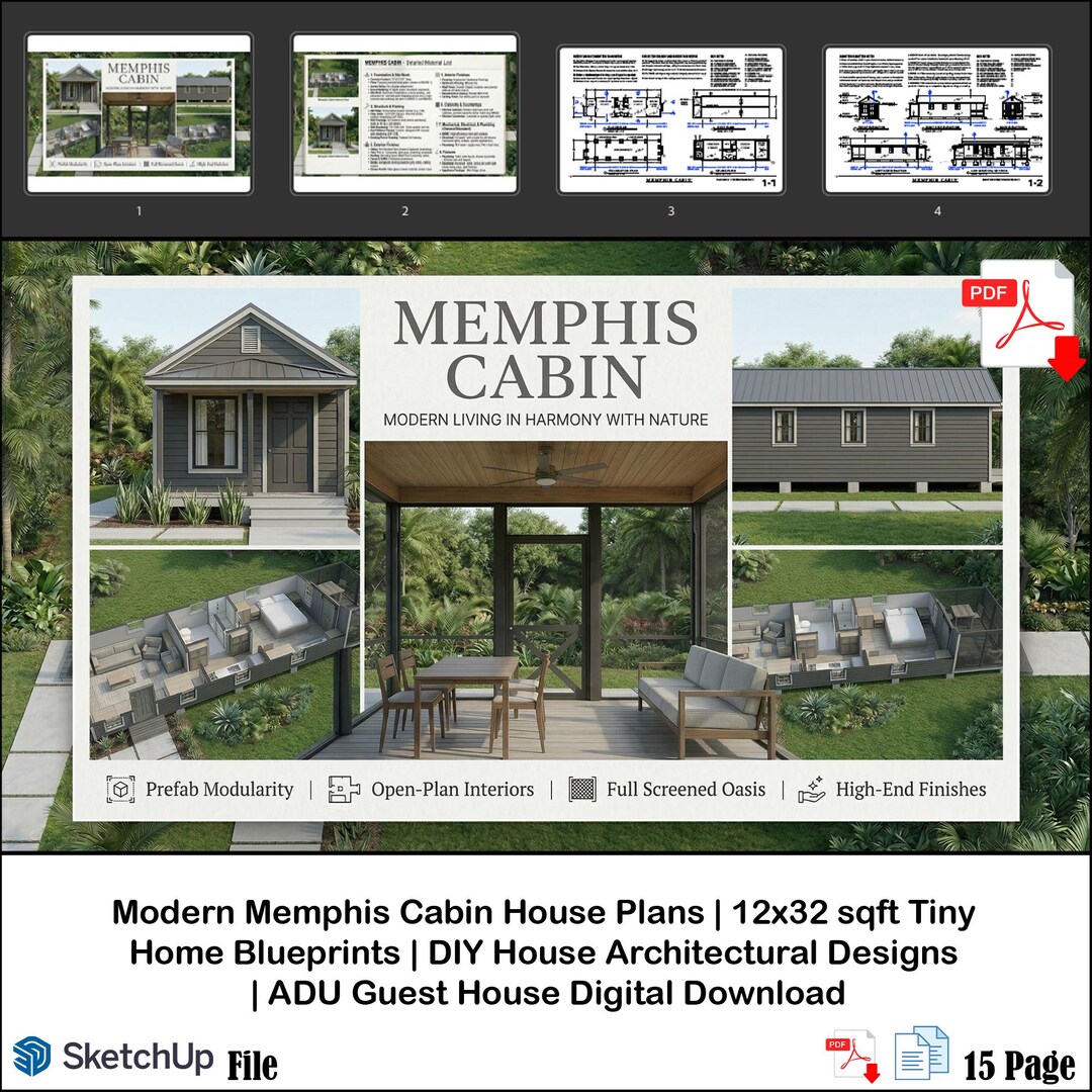 Modern Memphis Cabin Tiny House Plans | 12x32 DIY Blueprints (digital ...