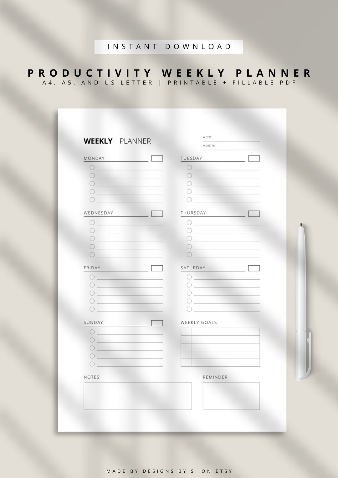 Weekly Planner Printable, Minimalist Weekly Schedule, Week at a Glance ...