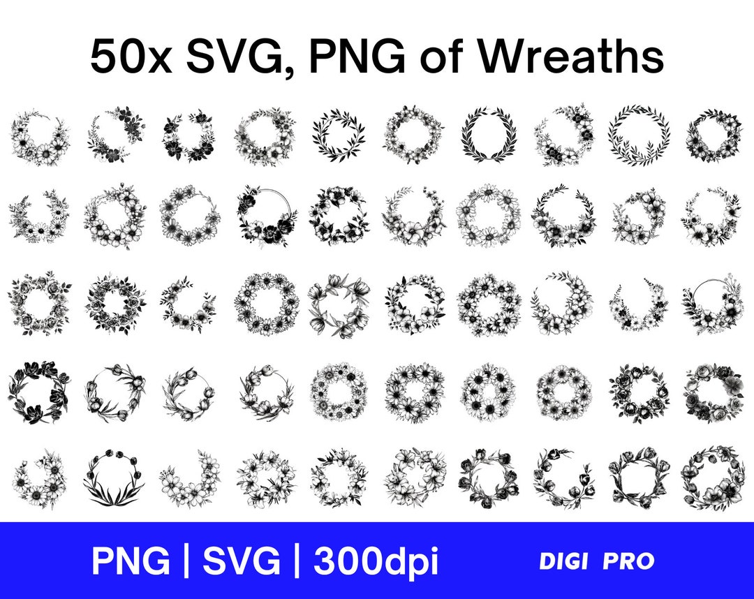 WREATH SVG, PNG 50x Bundle, Wreath Clipart, Wreath Svg, Wreath Png ...