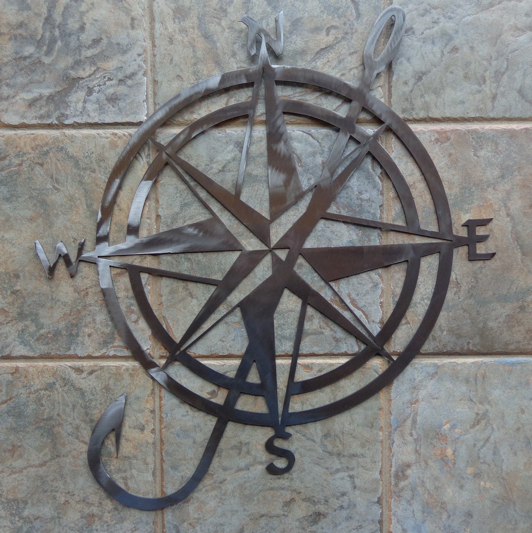 Compass & Fishing Hook Nautical Plasma Cut Metal Wall Art 27 X 22 ...