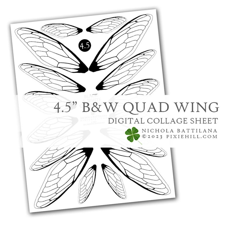 4.5" Inch Black and White Quad Fairy Wings Digital Download Collage ...