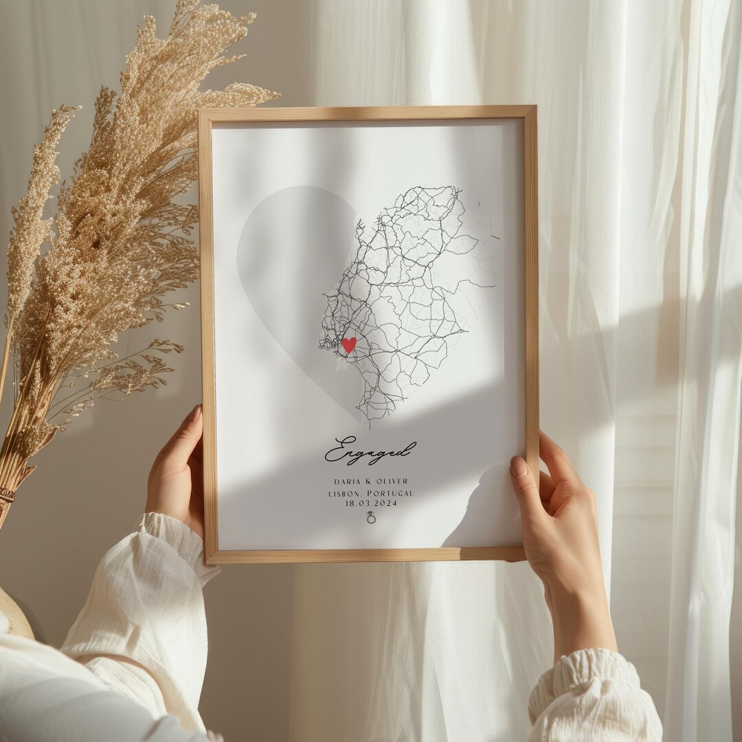 Engagement Map Print, Personalised Engagement Gift, Personalised Map ...