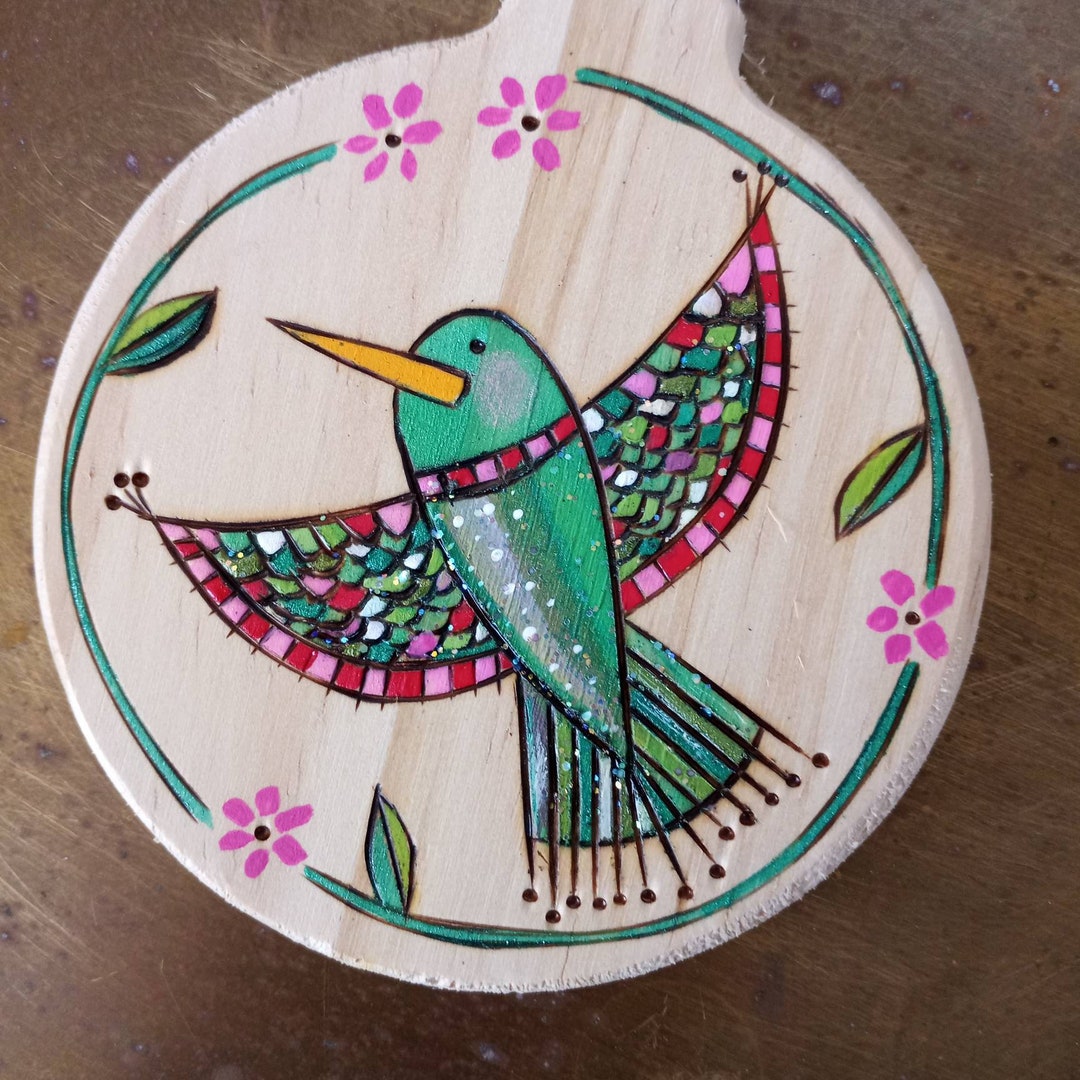 Wood Burned HUMMINGBIRD Nursery Art Ornament Wall Hanging. Pink and Red ...