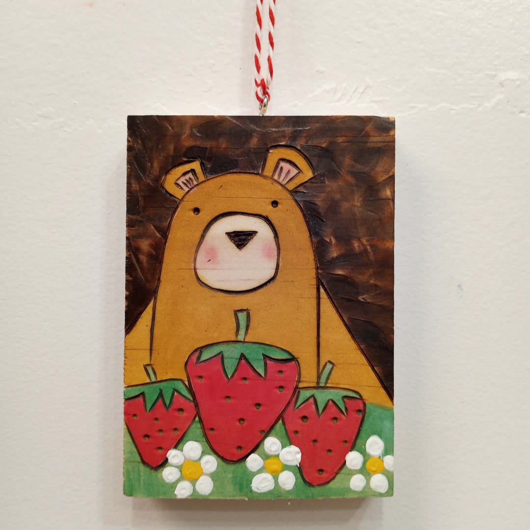 Cute Wood Burned Bear and Strawberry Ornament Nursery Art Wall Decor - Etsy