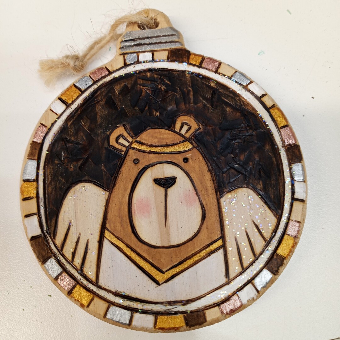 Wood Burned Bear Angel Christmas Ornament. - Etsy
