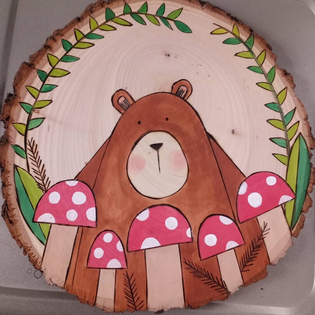 Wood Burned Bear and Mushroom Nursery Art on Wooden Slab. Baby Shower ...