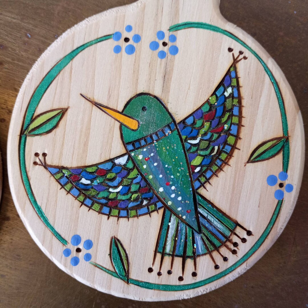 Wood Burned HUMMINGBIRD Nursery Art Ornament Wall Hanging. Purple and ...
