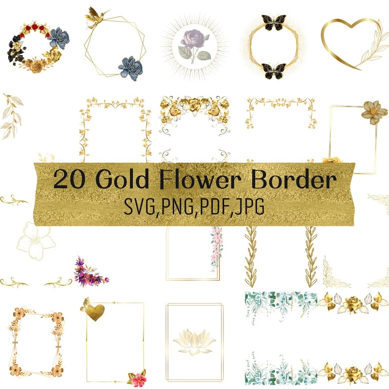 Gold Flower Border Clipart, Floral Frame, Invitation (png, Jpg, Svg ...