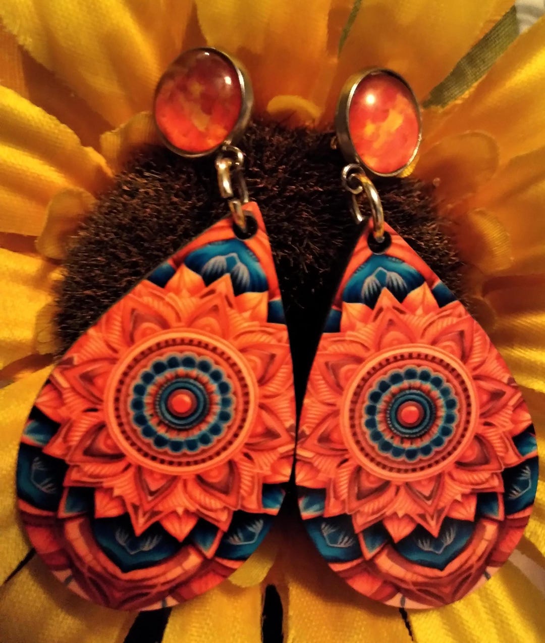 Orange Floral Mandela With Glass Button on the Top - Etsy