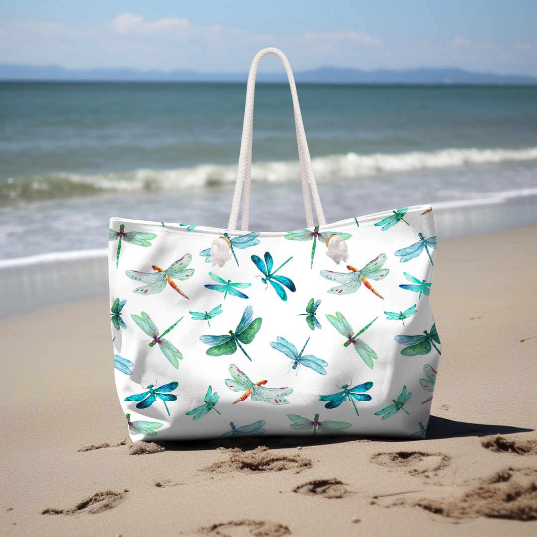 Dragonfly Tote Bag With Rope Handles and Gold Grommets, Weekender Bag ...