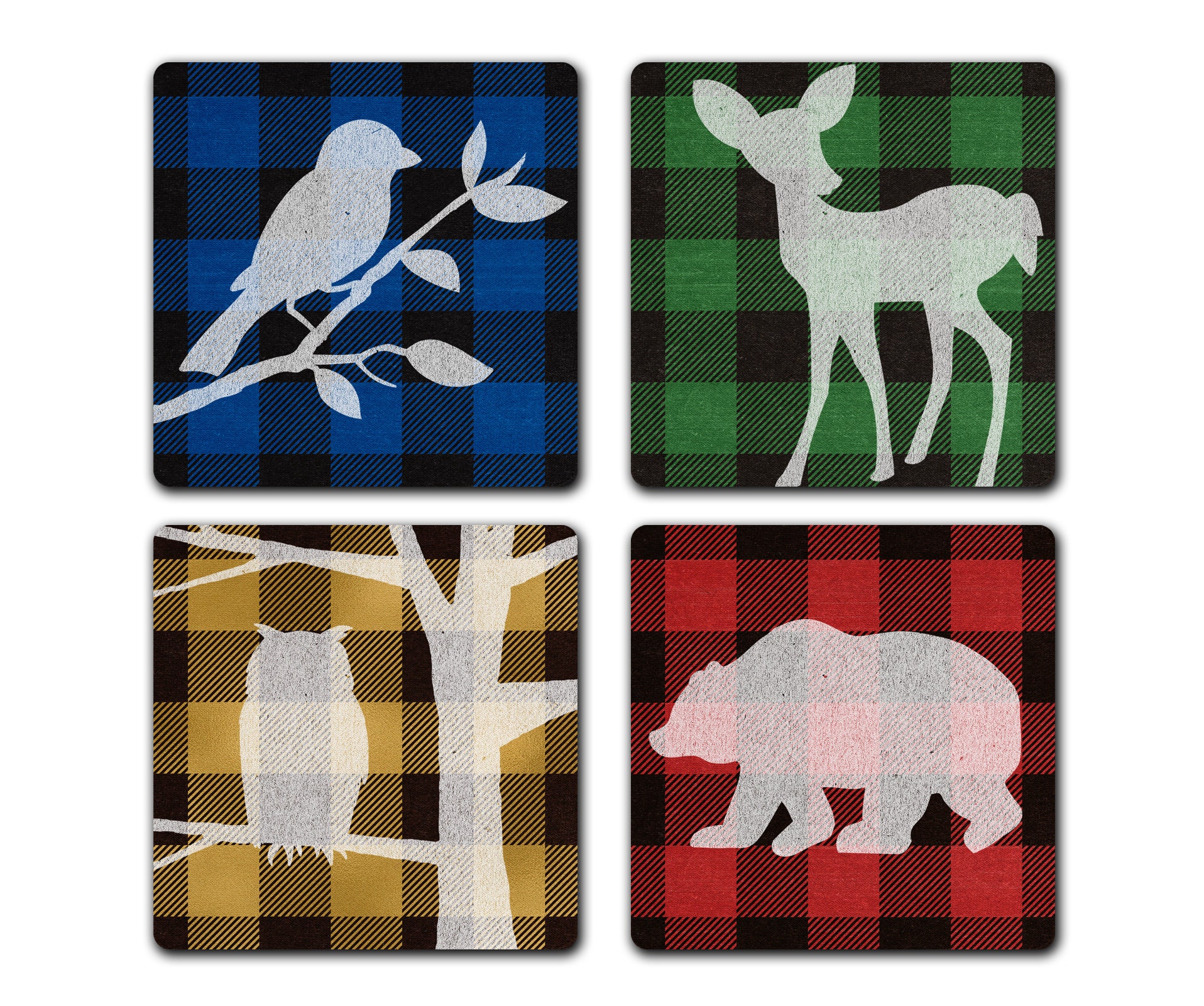 Buffalo Plaid Flannel Forest Animals 4pc Coaster Set Lodge | Etsy