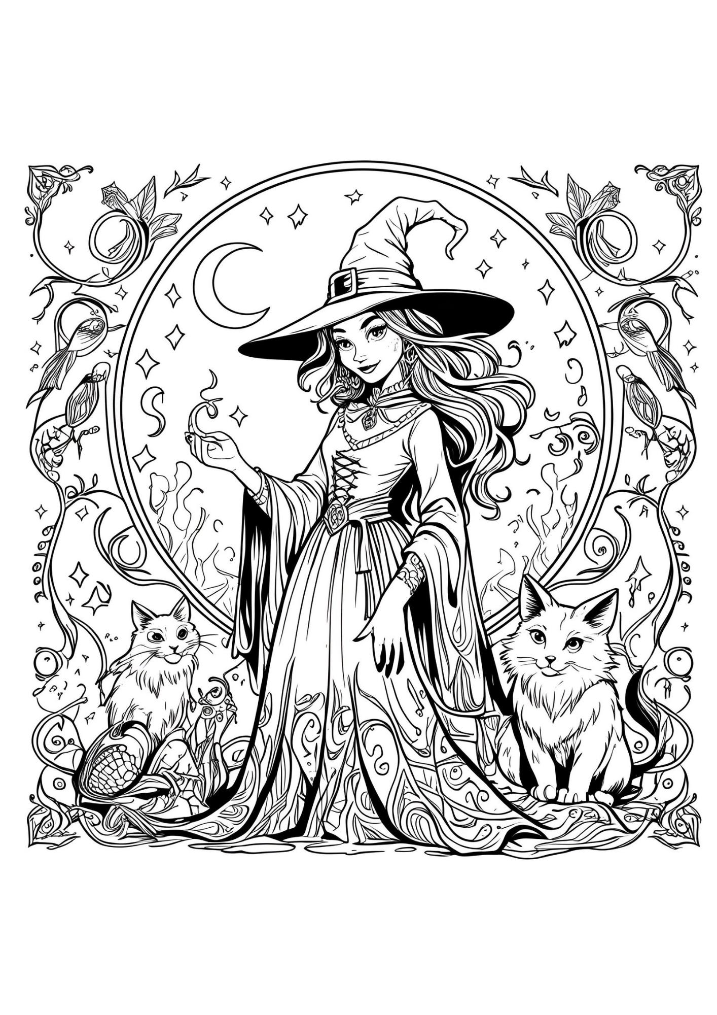 4-pack Printable Witch Colouring Pages | Magical Portrait Colouring ...