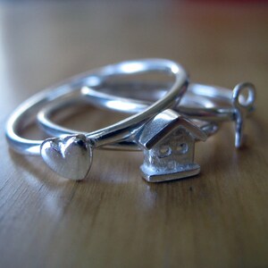Tiny Stacking Rings - Sterling Silver. House, Heart and Key Rings. Set ...