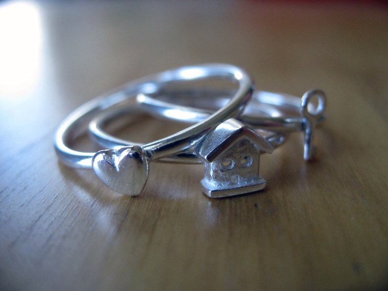 Tiny Stacking Rings - Sterling Silver. House, Heart and Key Rings. Set ...