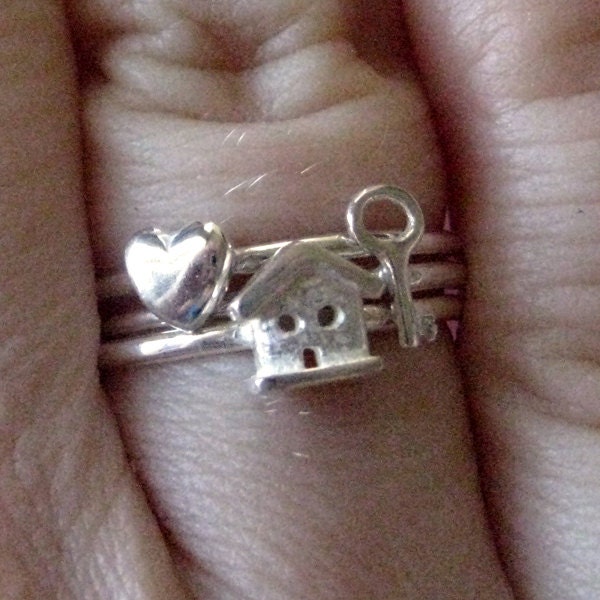 Tiny Stacking Rings - Sterling Silver. House, Heart and Key Rings. Set ...
