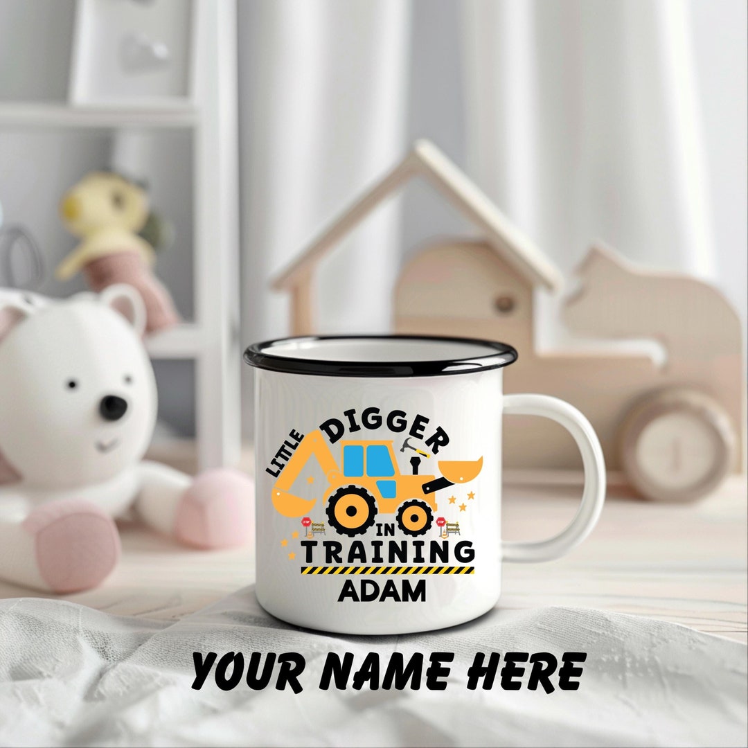 Personalized Kids Enamel Mug With Name Digger Contruction Vehicle ...