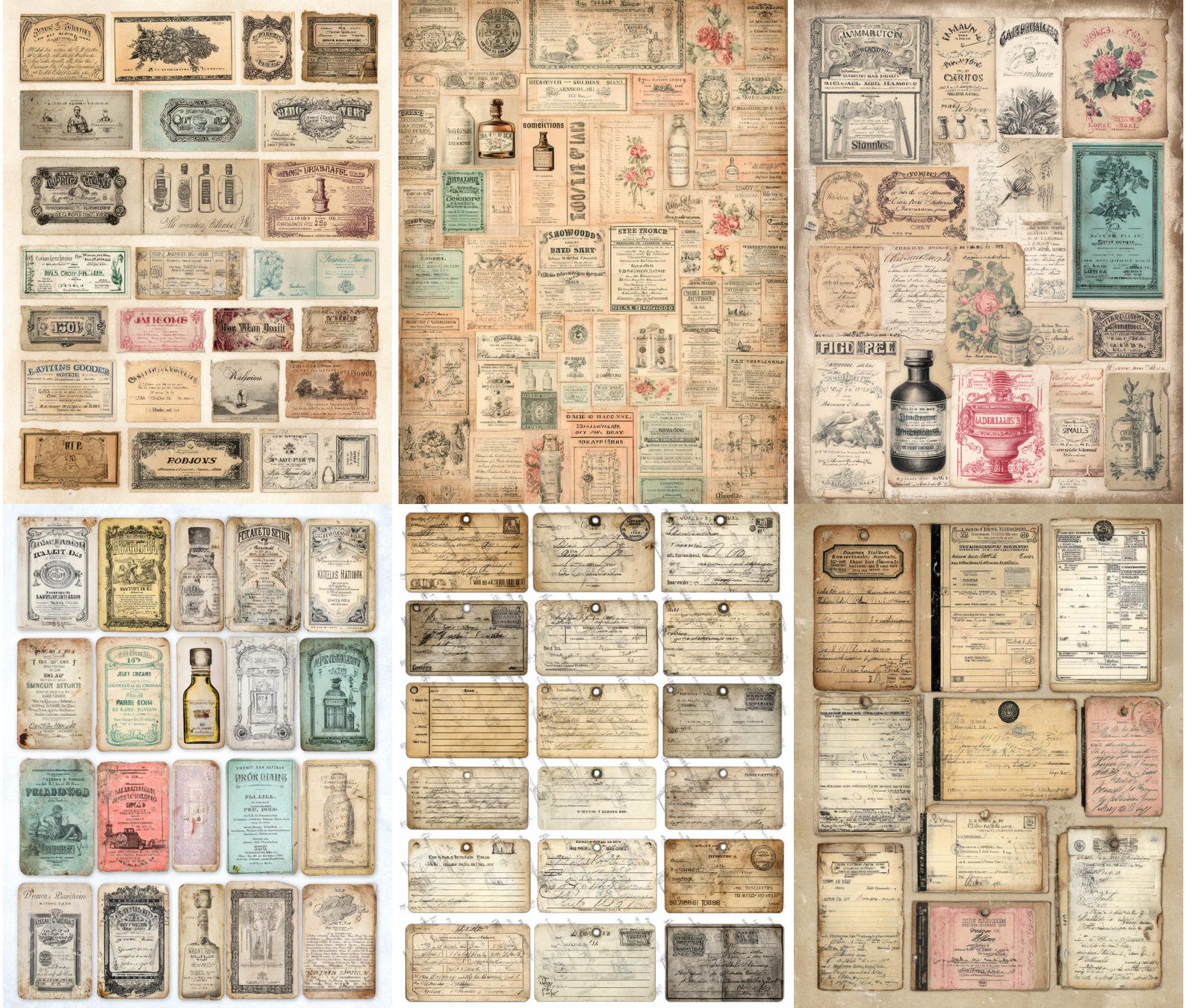 Vintage Library & Catalog Card Ephemera Printable, Aged Paper Collage ...