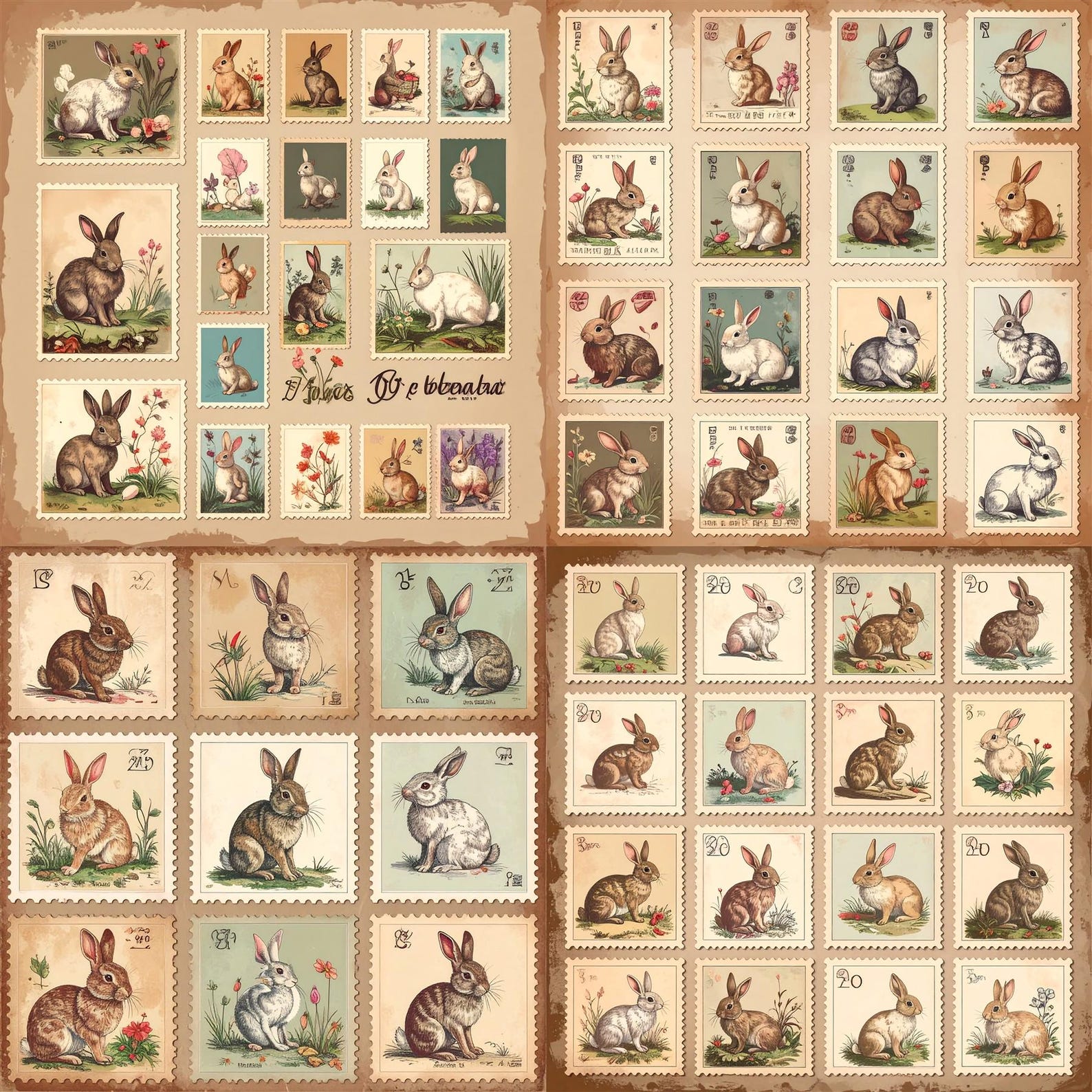 Vintage Rabbit Postage Stamp Collage Sheets – Printable Bunny Ephemera ...