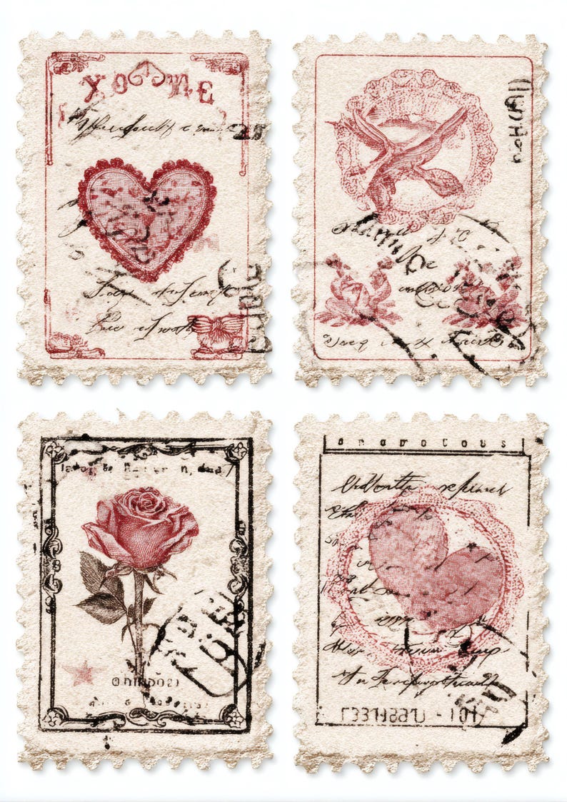 Vintage Valentine Postage Stamps, Junk Journal Printable Stamps, Love ...