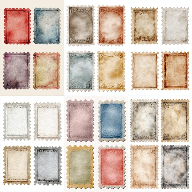 48 Watercolor Empty Postage Stamp Clipart Bundle Vintage Stamp Frames ...
