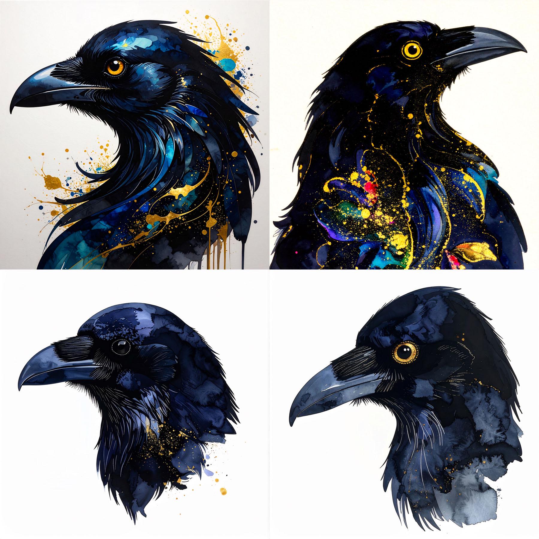 12 Raven Head Clipart Black and Gold Bird Art Gothic Alcohol Ink Crow ...