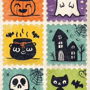 Cartoon Halloween Postage Stamps Printable Ephemera Sheets Ghost ...
