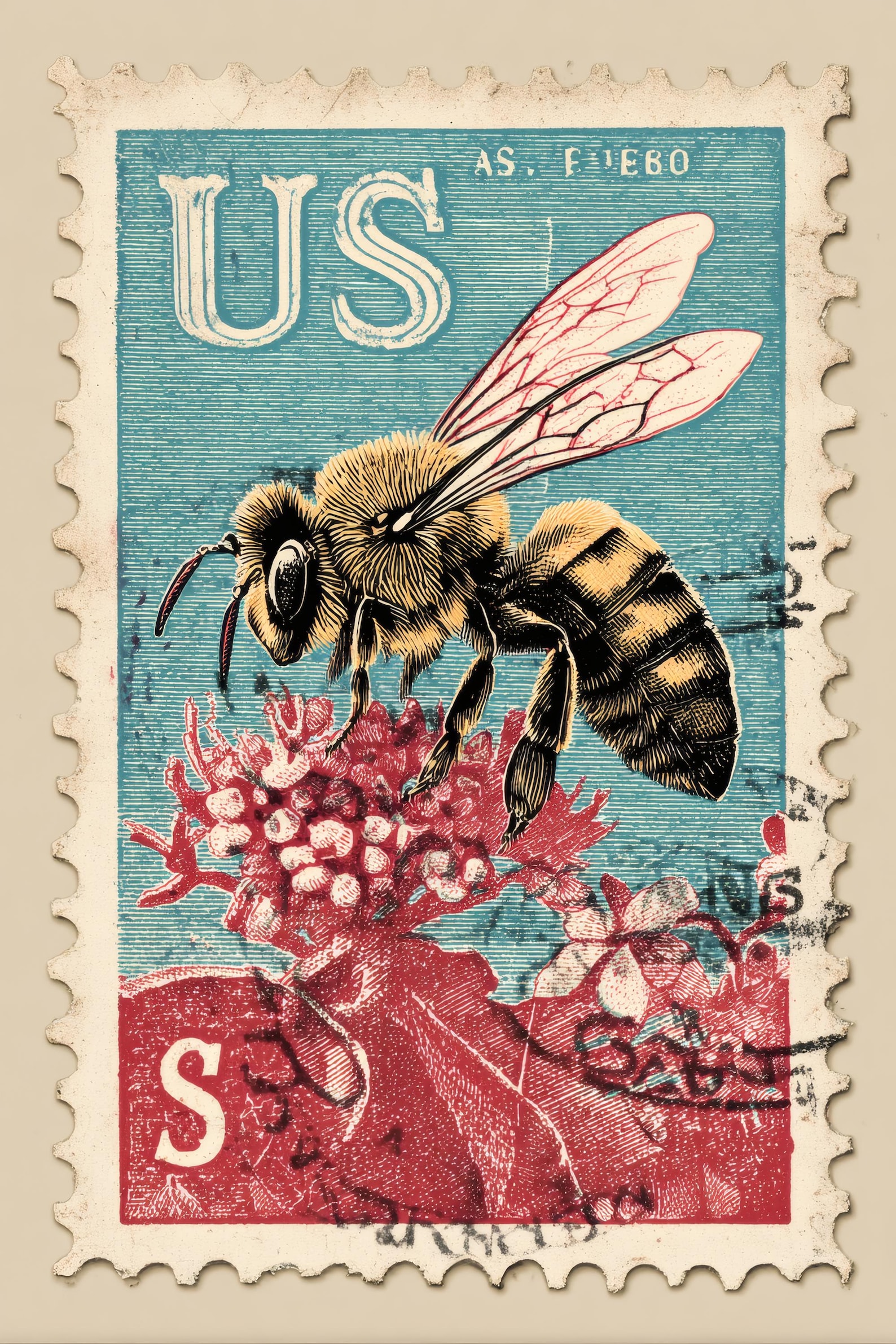 12 Vintage Bee Postage Stamps Honeycomb Ephemera Collection Retro Bee ...
