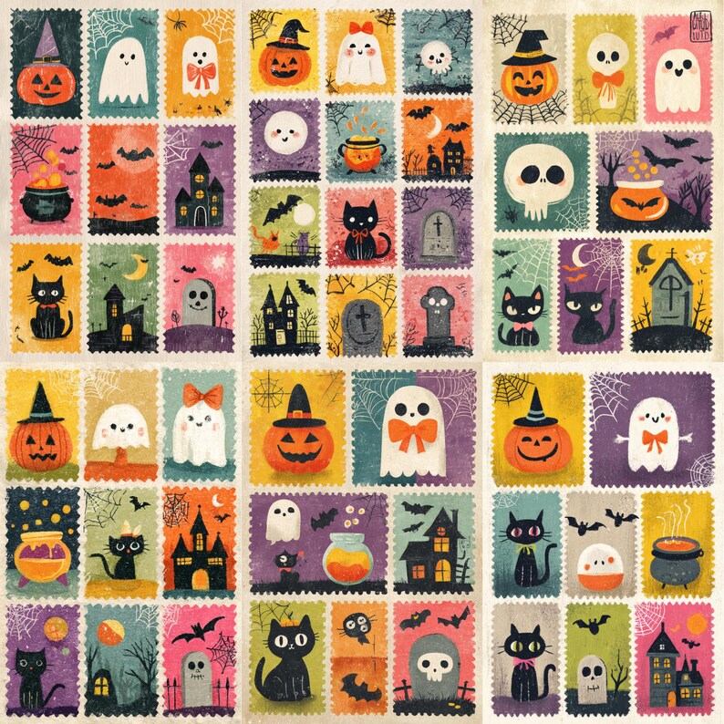 Vintage Halloween Stamp Set Ghost Pumpkin Cat Haunted House Cauldron ...
