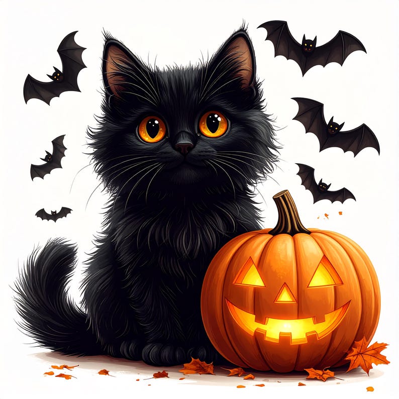Cute Black Cat Clipart With Glowing Pumpkin Whimsical Halloween Cat ...